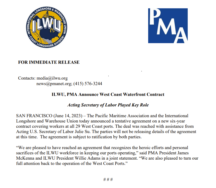 Breaking Network Alert- ILWU & PMA Agreement